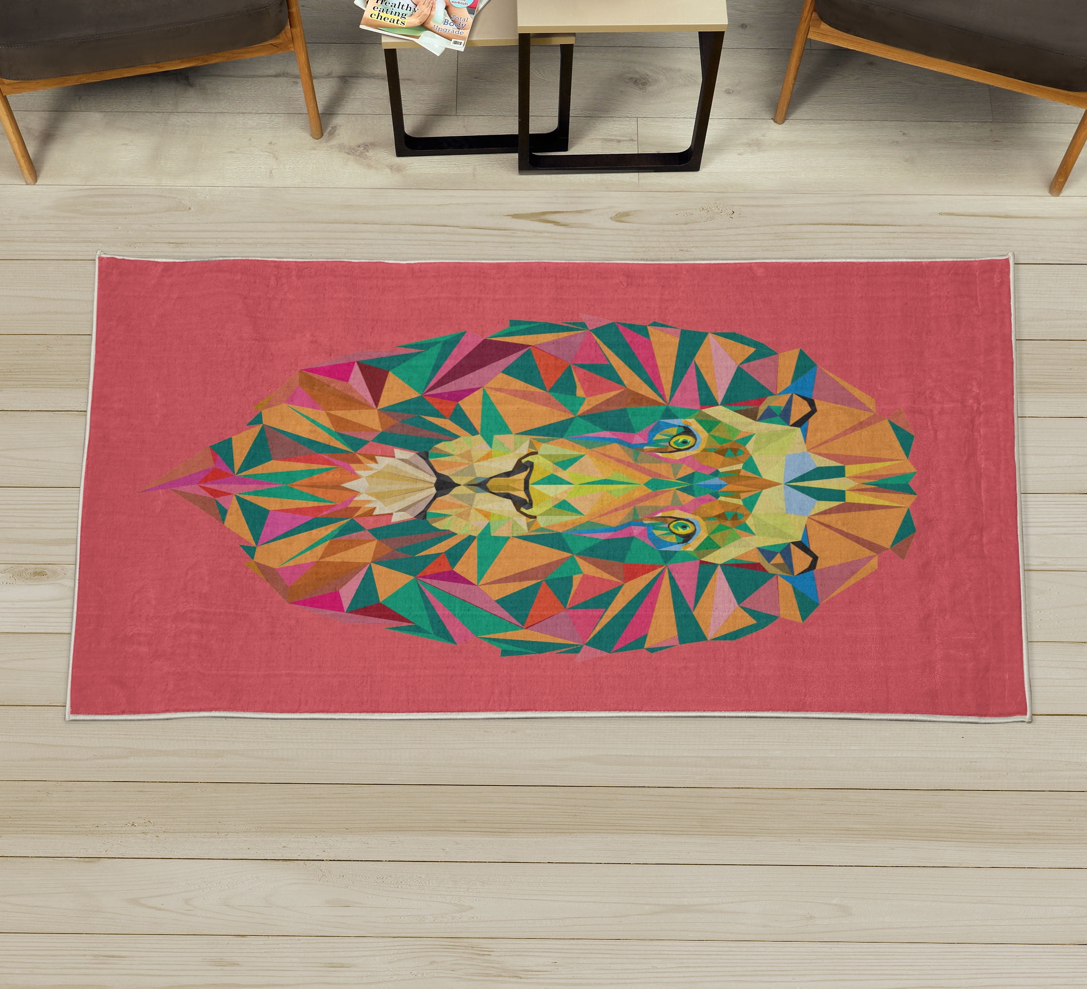 Zoo Decorative Rug, Colorful Animals Geometric Diamond Face Lions Mane ...