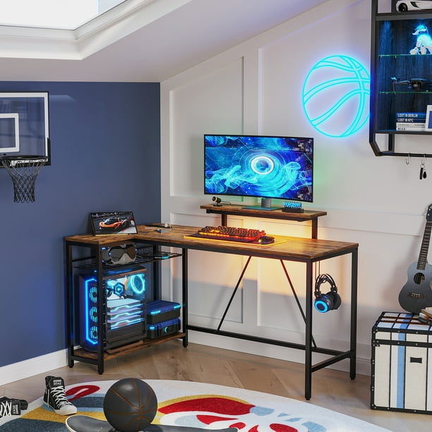 Bestier 58" Gaming Desk with LED Lights L Shaped Desk with Power Outlet ...
