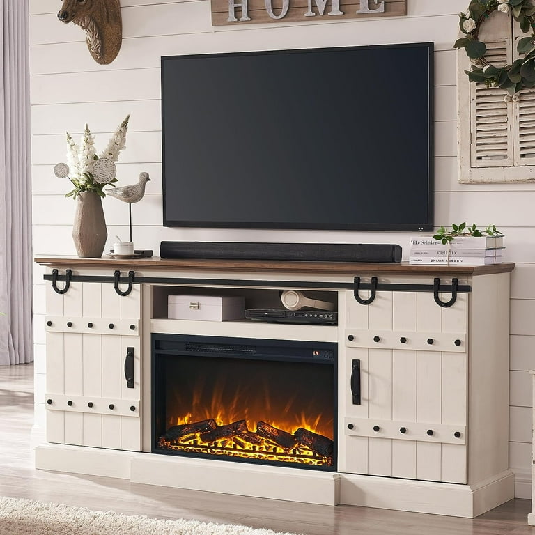 OKD Farmhouse 70 inch Fireplace TV Stand for TVS Up to 80 inch Entertainment Center with 30 inch Electric Fireplace Antique White Size One Size
