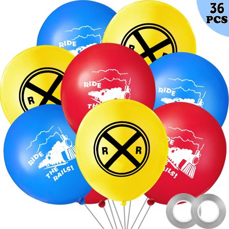 Junmo 36 Pieces Train Latex Balloon Railroad Balloon and 2 Rolls Silver ...