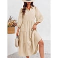 Beige Shirt Dress With Collar, Button Front, 3/4 Puffed Sleeves And ...