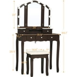 Espresso Vanity Desk Set with Lighted Mirror, Stool, 5 Drawers, 3 Light ...