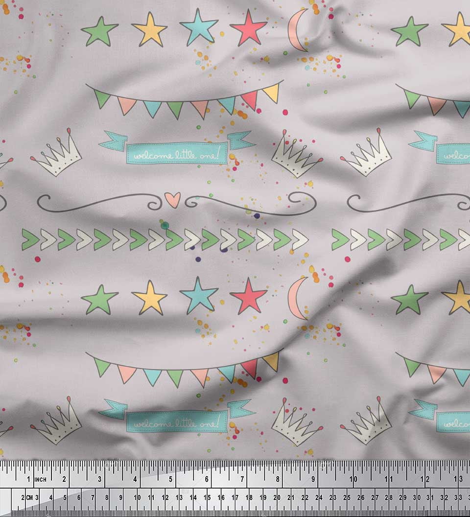 Soimoi Gray Poly Georgette Fabric Welcome Little One Kids Print Fabric ...