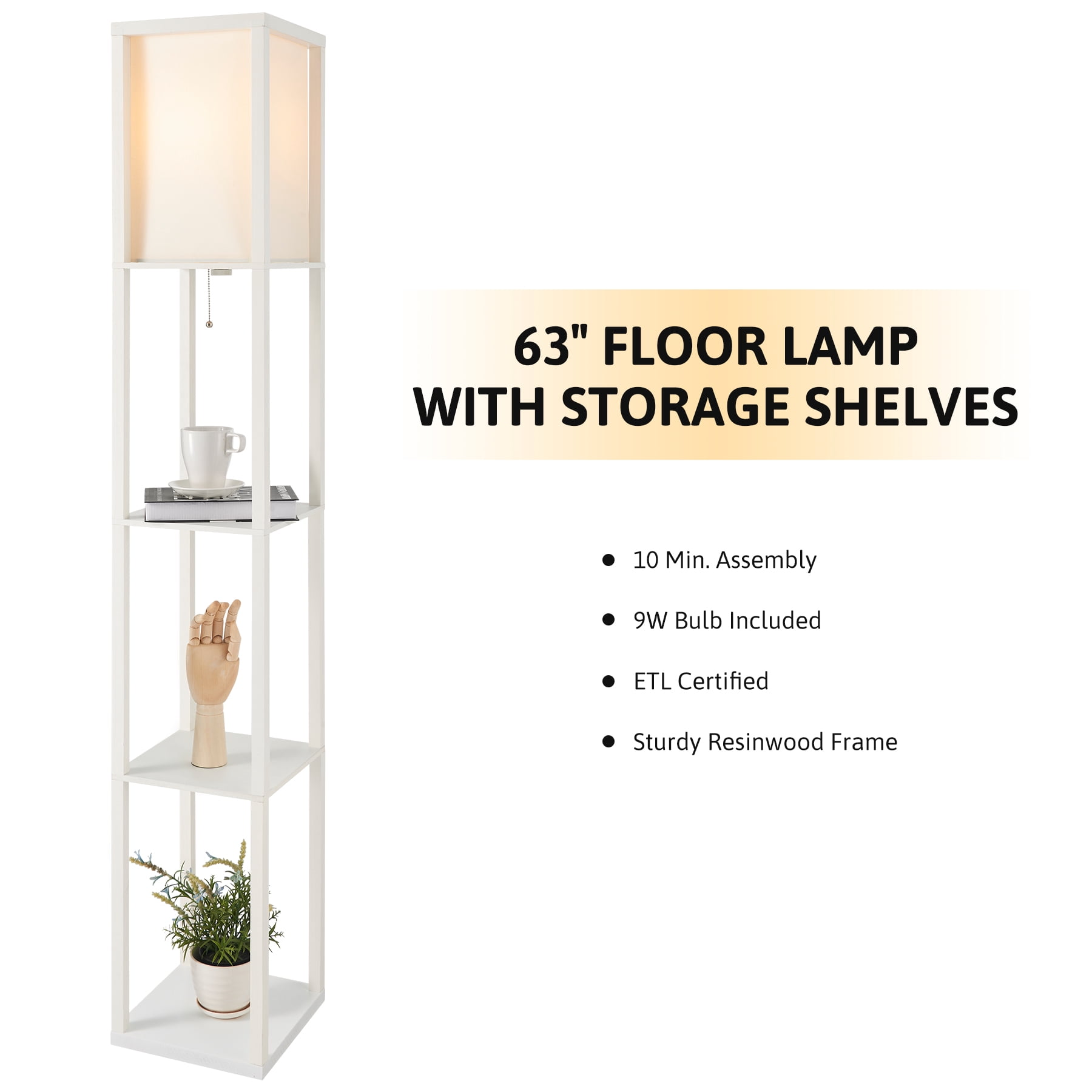 Bestco Tall Modern Etagere Shelf, 63" White Bedroom Floor Lamp with 3 ...