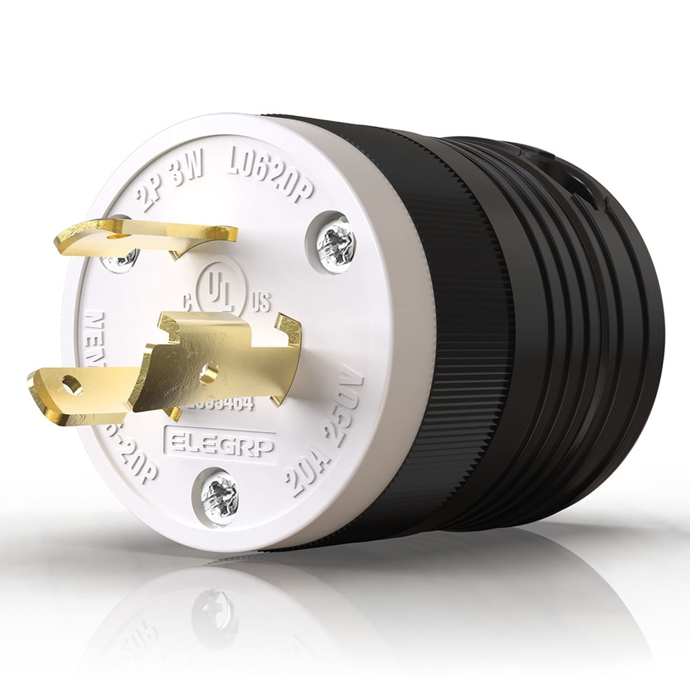 20 Amp 250V NEMA L6-20R Locking Plug, Industrial Grade Grounding Heavy Duty, Black/White ...