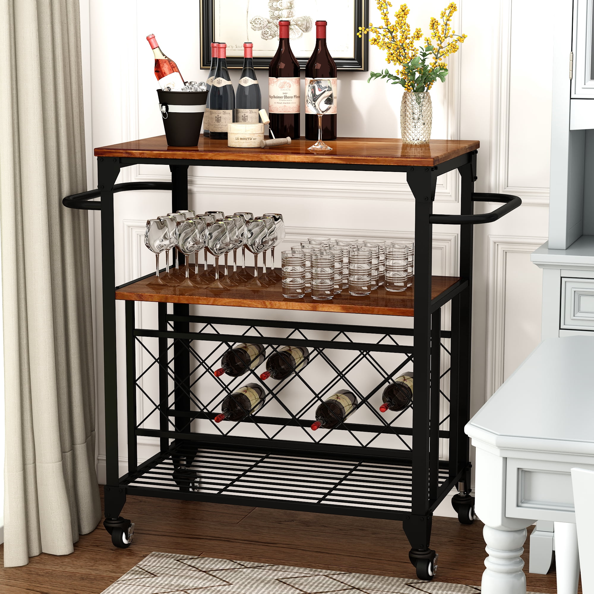 Home Bar Serving Carts Wine Cart with Wheels MDF Board Metal Kitchen ...