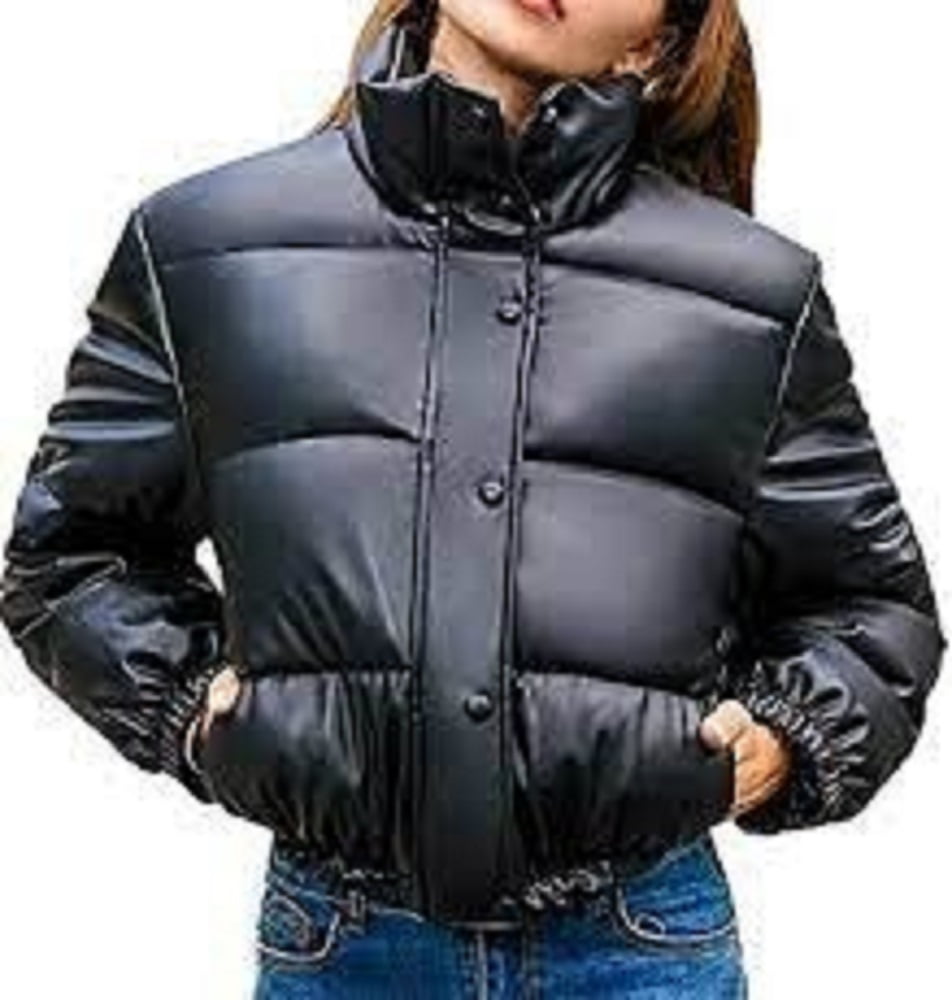 NOORA Womens Black Leather Crop Bubble Coat Puffer Quilted Jacket With ...
