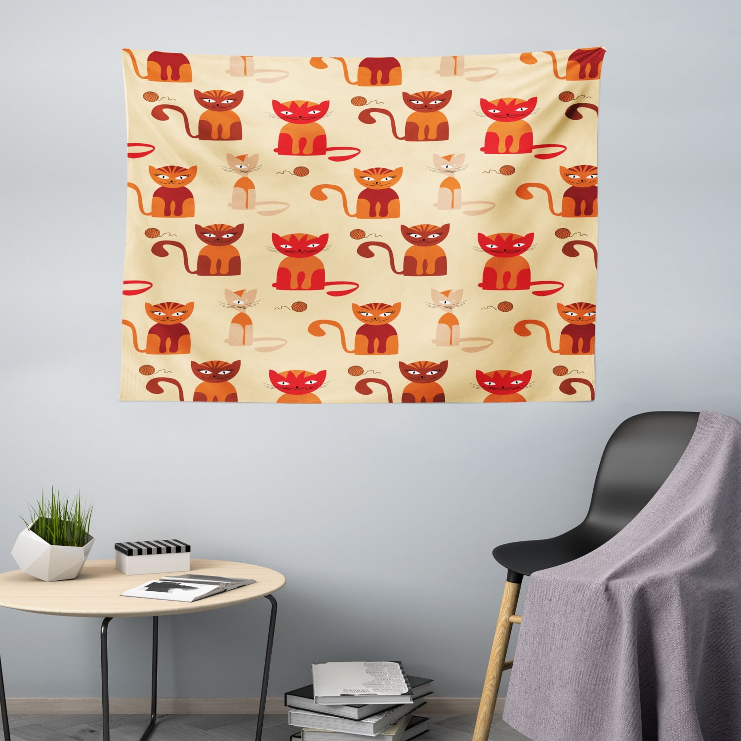 Kittens Tapestry, Continuous Pattern of Playful Smiling Cat and Balls ...