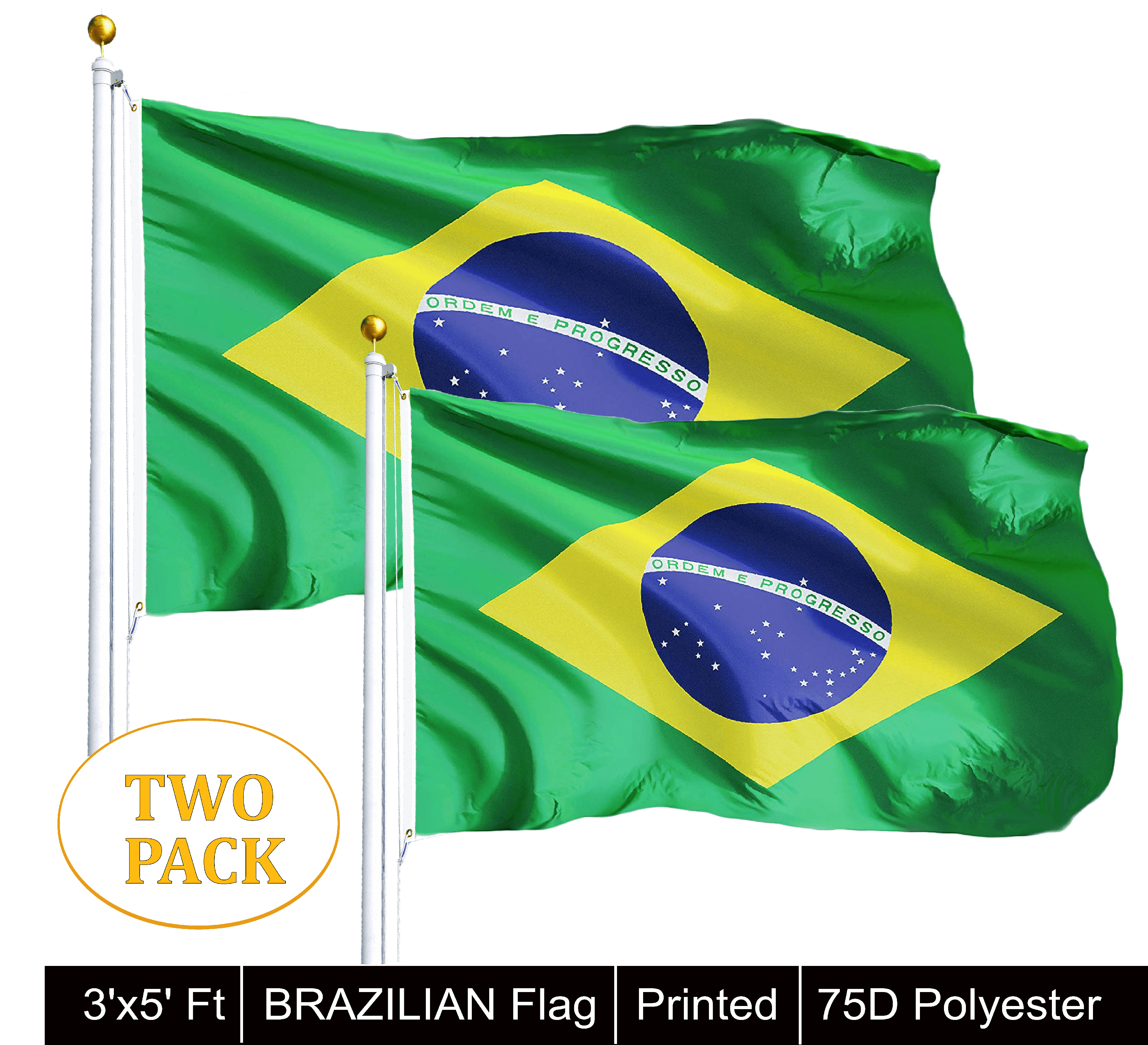 G128 - TWO PACK Brazil Flag 3x5 ft Printed Flag 2 Brass Grommets ...