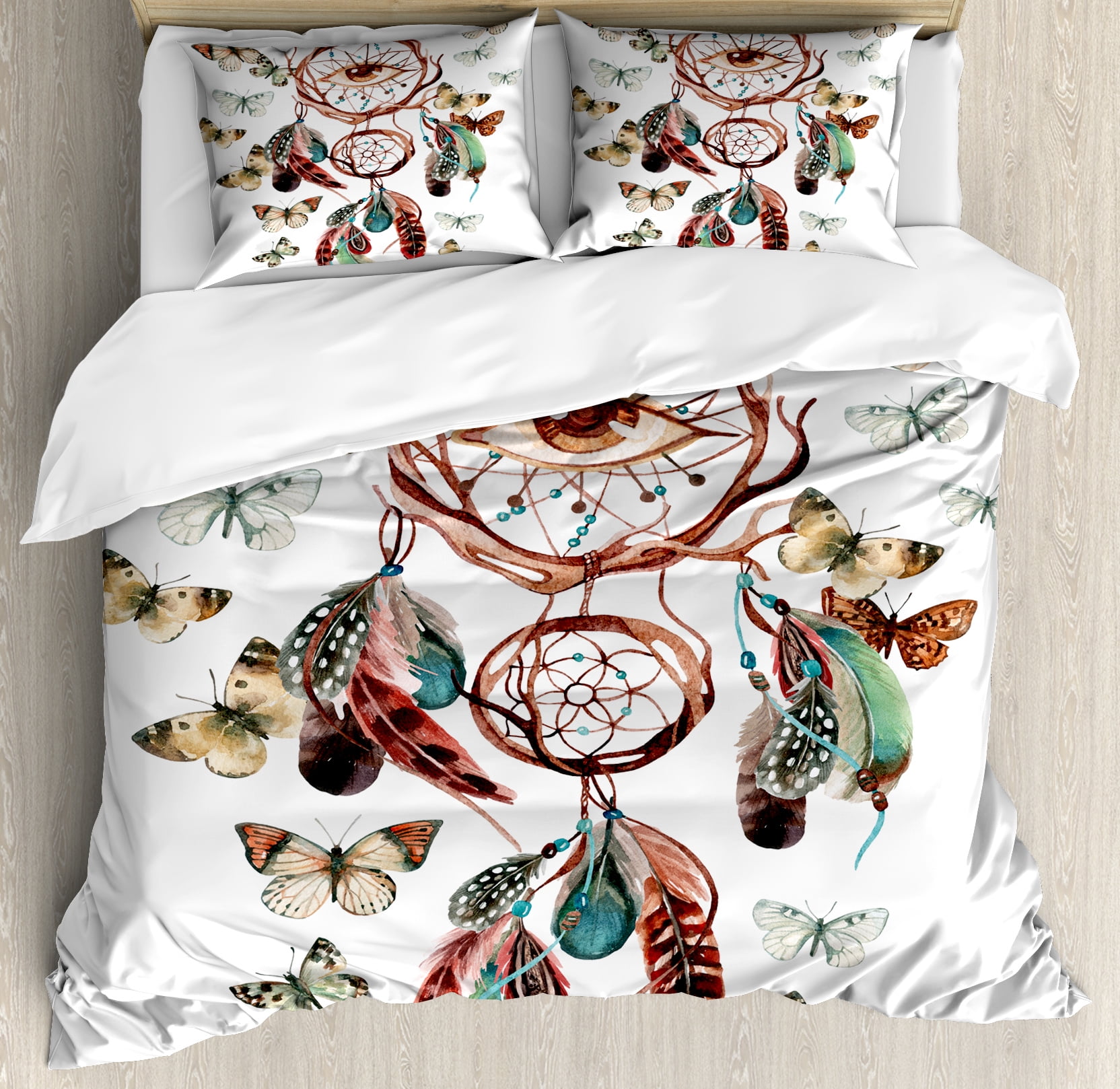 Feather Queen Size Duvet Cover Set, Dreamcatcher with Butterflies and ...