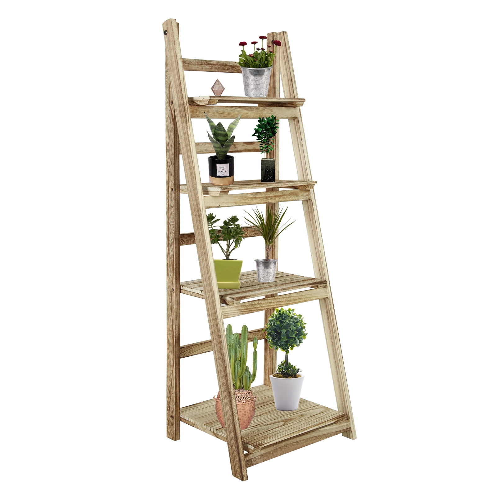 ECOMEX 4-Tier Wooden Ladder Shelf Bookshelf Foldable Plant Storage Rack ...