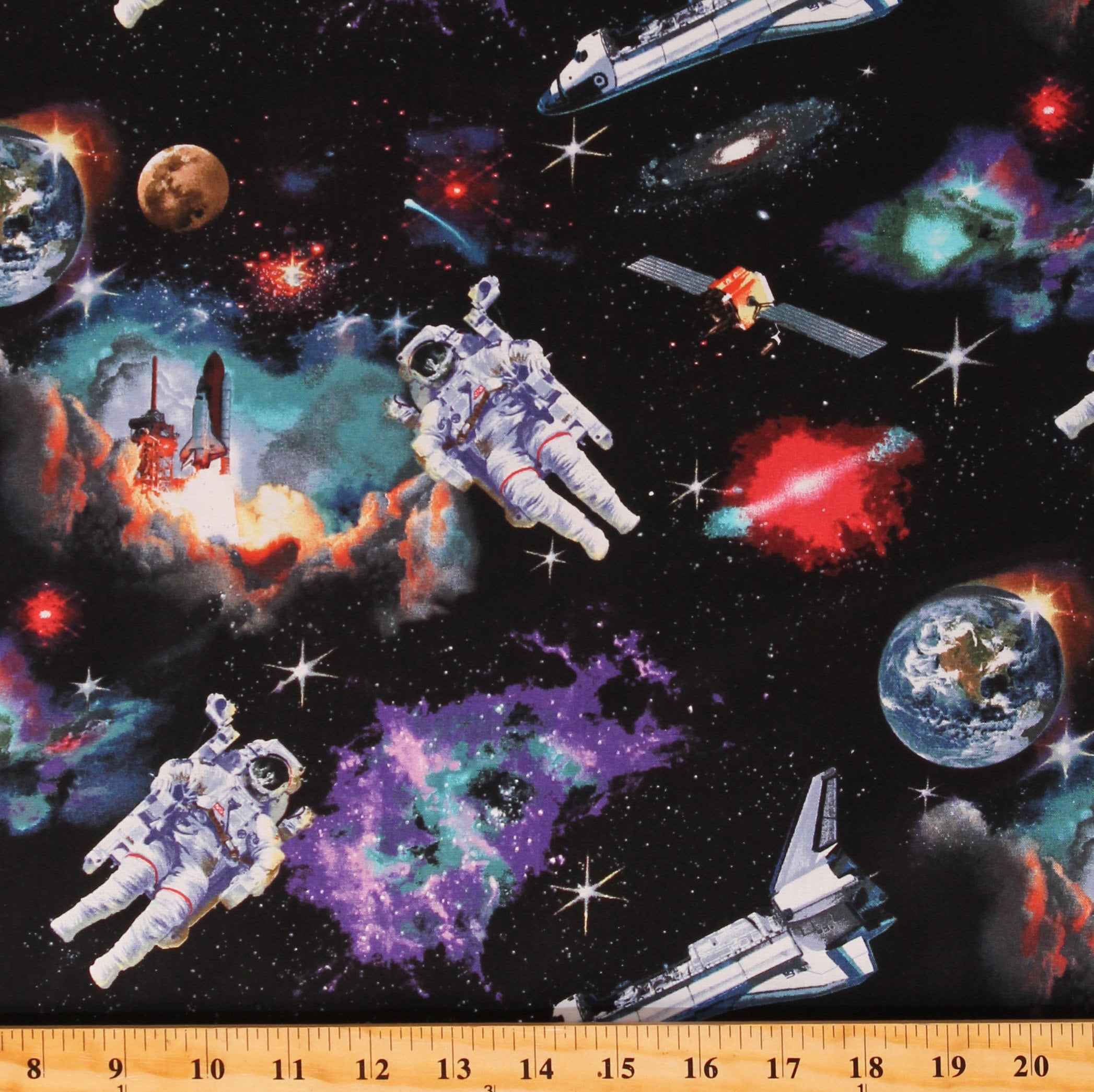 Cotton Rockets Spaceships Astronauts Moon Solar System In Space Black ...