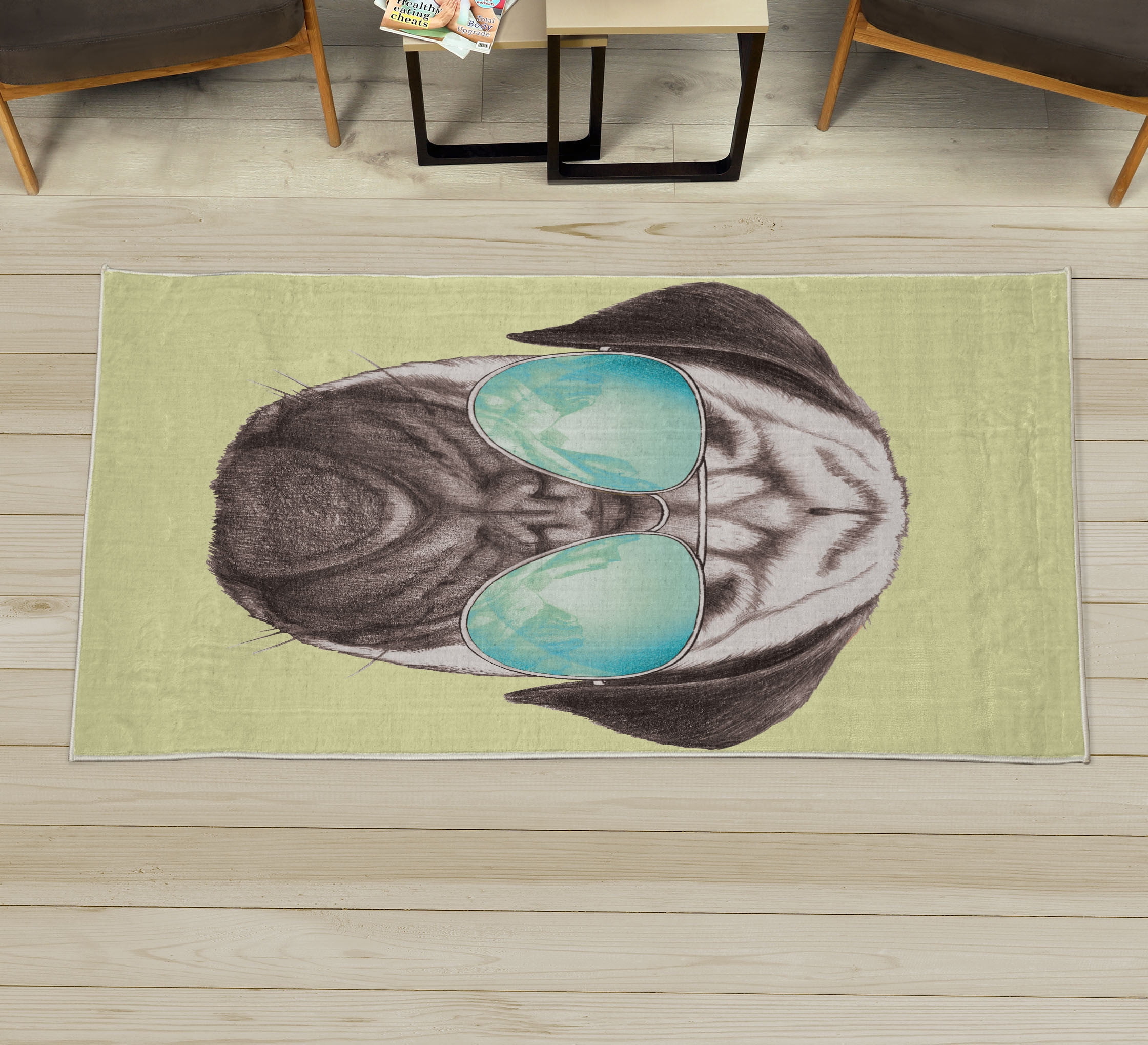 Pug Decorative Rug, Dog Portrait Mirror Sunglasses Hand Drawn ...