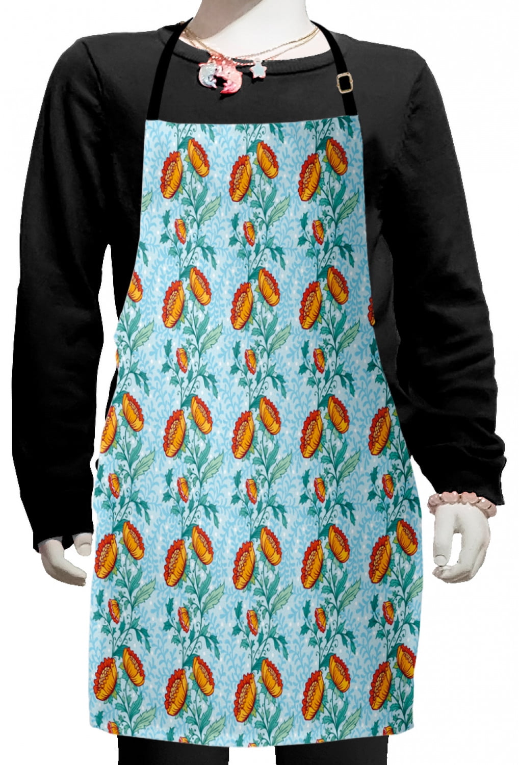 Oriental Kids Apron, Botanical Composition with Ornate Vertical Borders ...