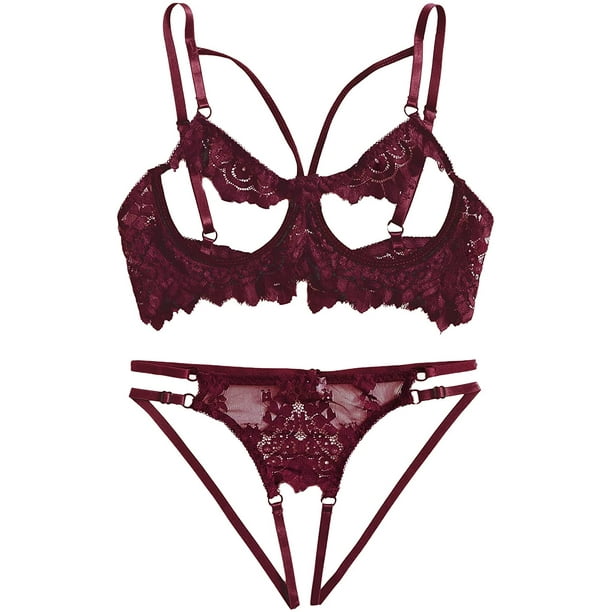 Veeki Sexy Underwire Strappy Eyelash Floral Lace Sheer Lingerie Set For