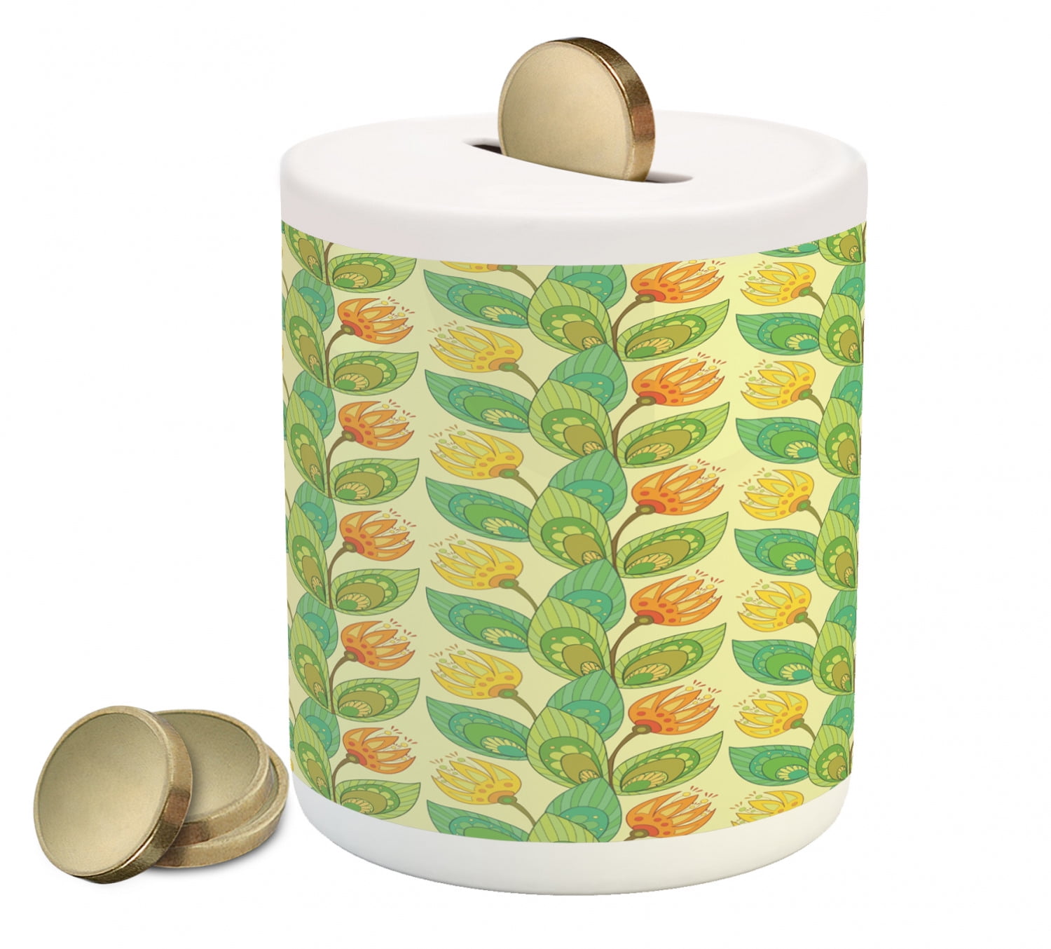 Flower Piggy Bank, Pastel Colored Fresh Blooming Foliage Design with ...