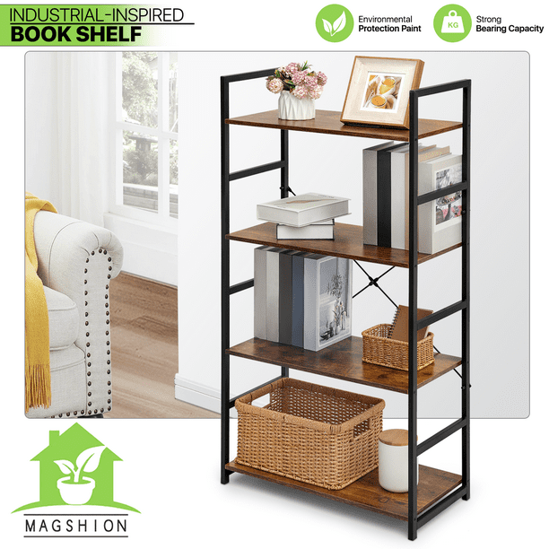 Magshion 4 Shelves Industrial Bookcase, Open Back Metal Bookshelf ...