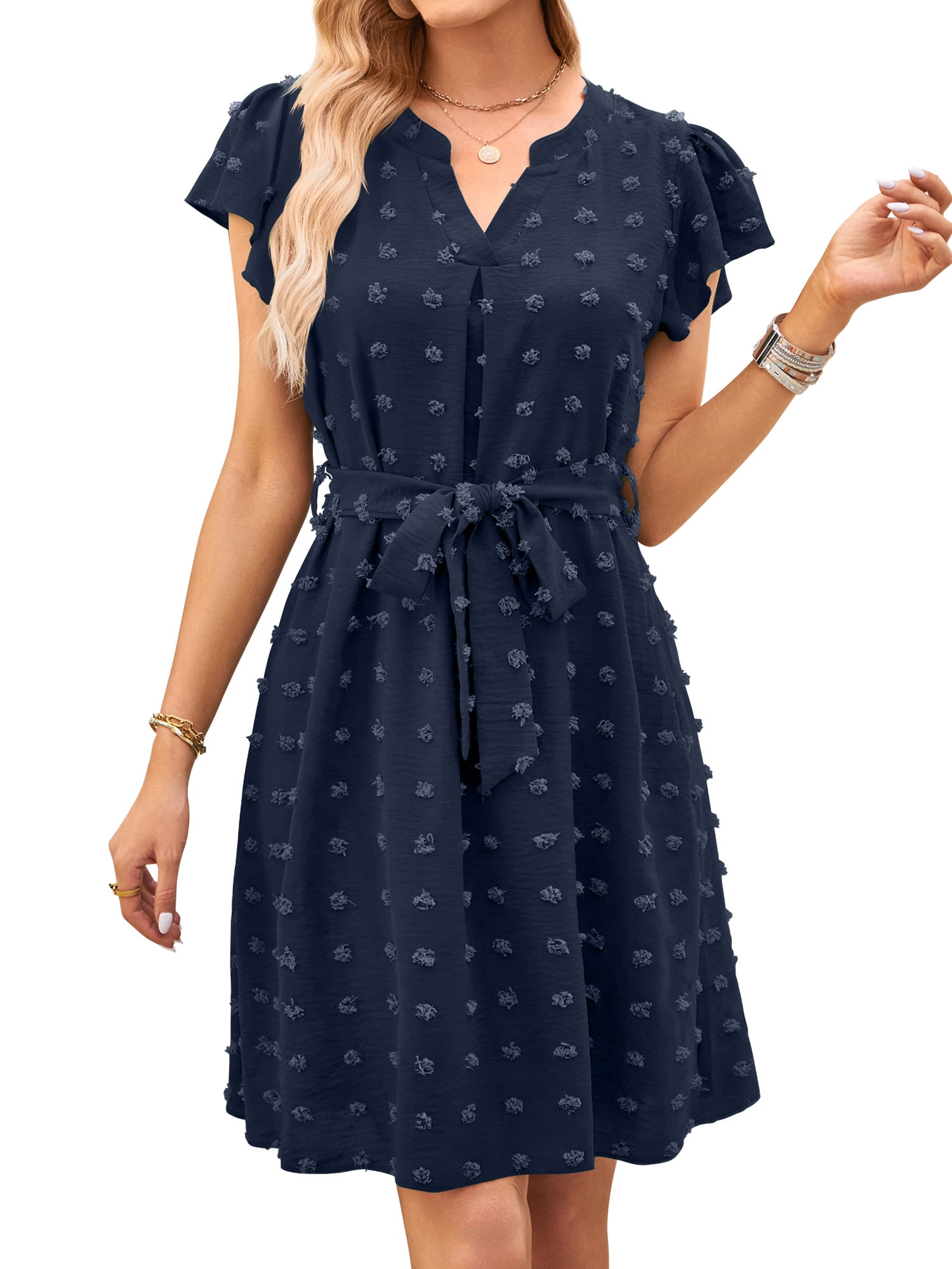 HUBERY Women Swiss Dot Notch V Neck Flutter Sleeve Tie Waist Solid ...