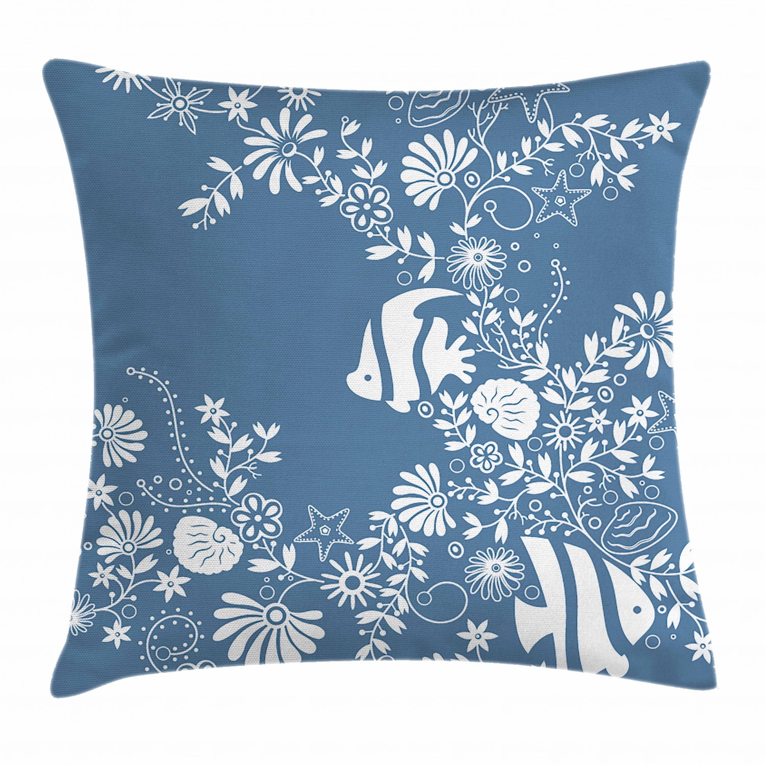 Sea Shells Throw Pillow Cushion Cover, Floral Arrangement with Fishes ...
