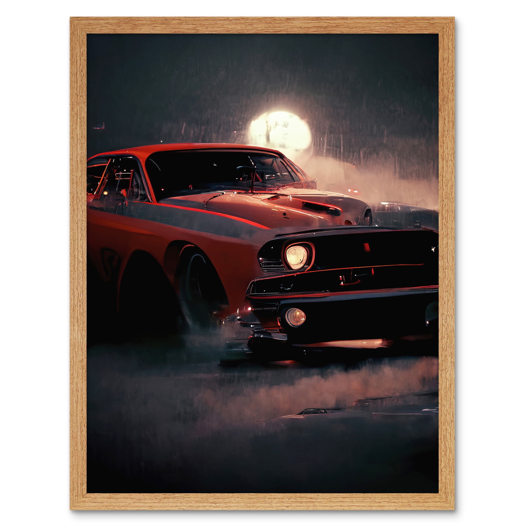 Classic Red Sports Muscle Car On A Rainy Atmospheric Night Art Print ...