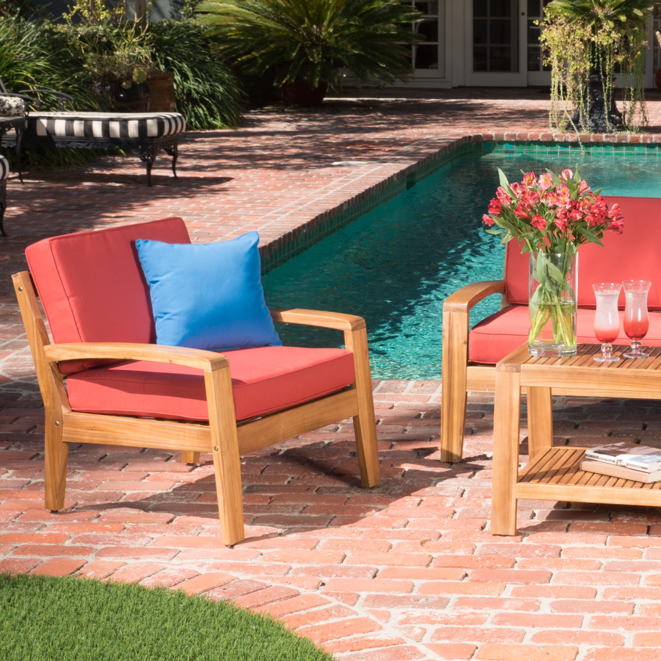 Europa Outdoor 4 Piece Acacia Wood Chat Set with Cushions, Teak, Red ...