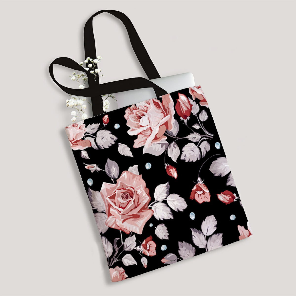 ECZJNT pink roses on black floral Canvas Bag Reusable Tote Grocery ...