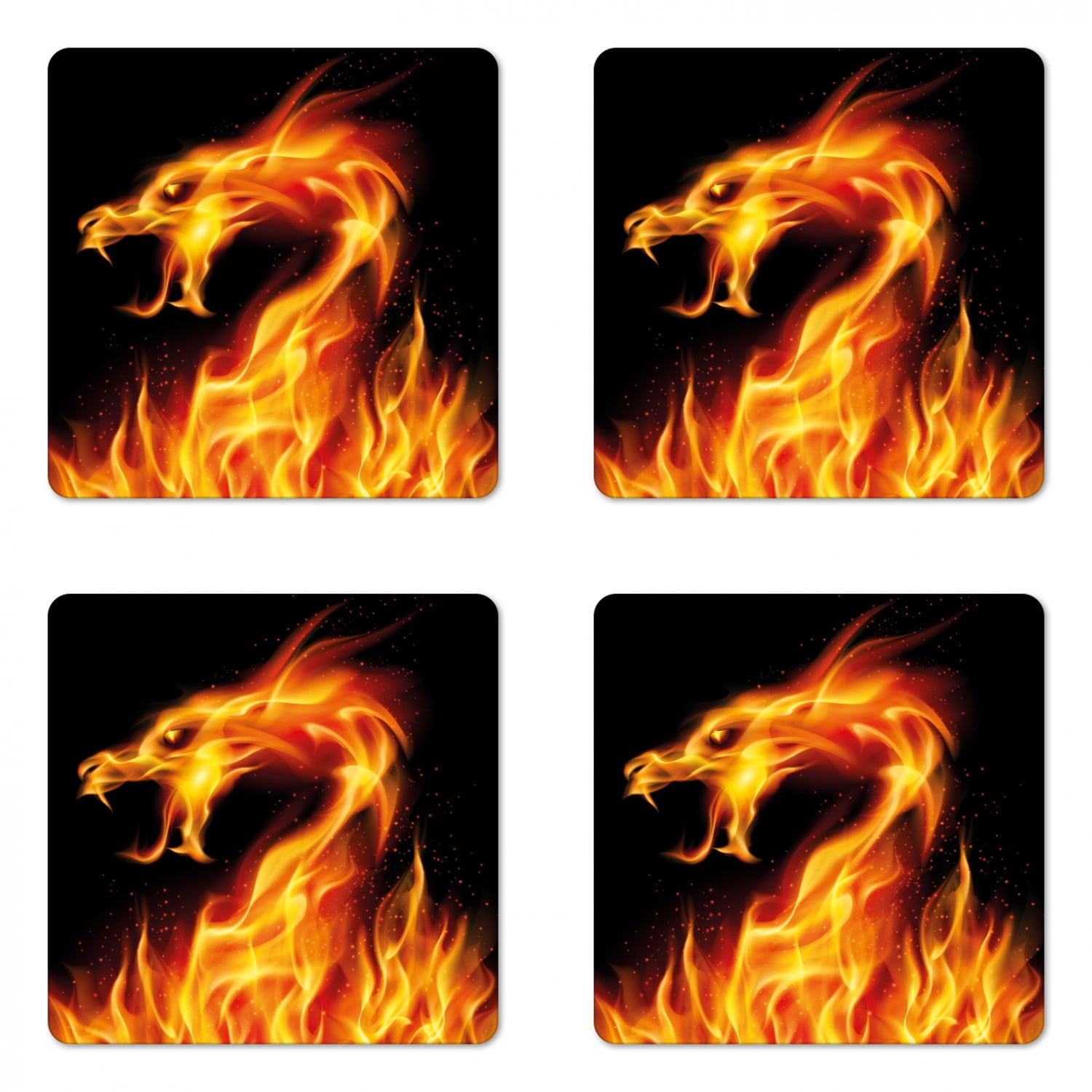 Dragon Coaster Set of 4, Abstract Fiery Creature on Black Background ...