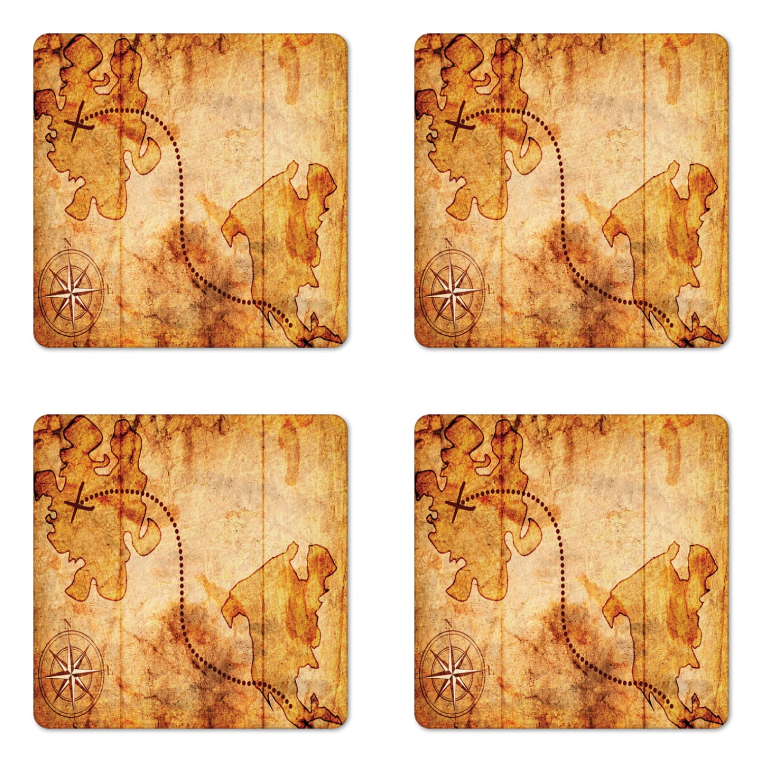 Compass Coaster Set of 4, Bohemian Style Treasure Hunt Map with Small ...