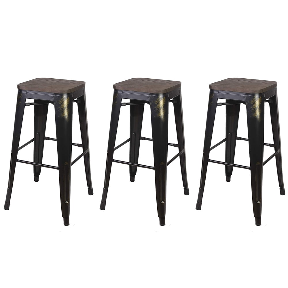 Leejay 24 inch Antique Black Metal Stool with Wood Seat,Set of 3 ...