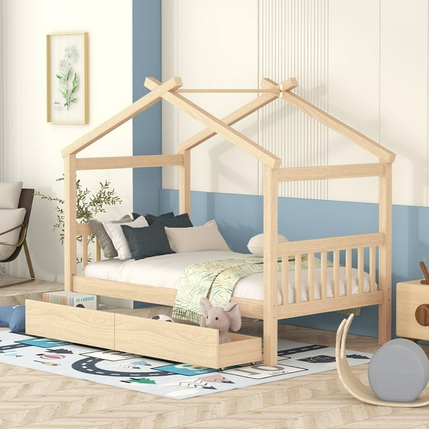 Bellemave Wood Twin Size House Shaped Canopy Bed for Kids, Montessori ...