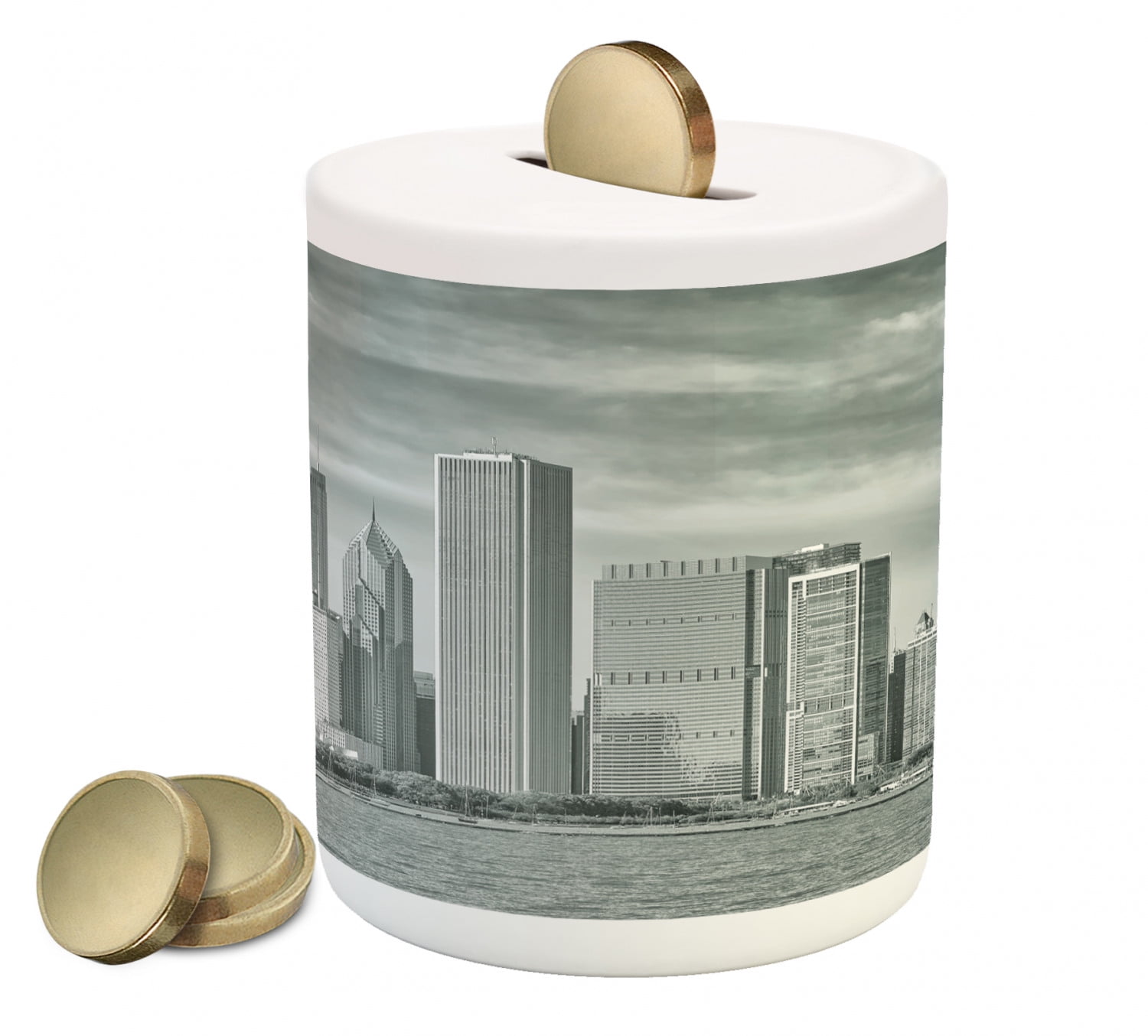 Chicago Skyline Piggy Bank, Black and White Filtered Photo of ...