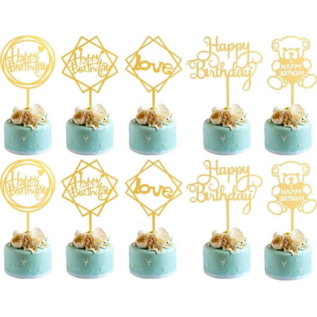 10-Pack Gold Happy Birthday Cake Topper Set, Double-Sided Glitter ...