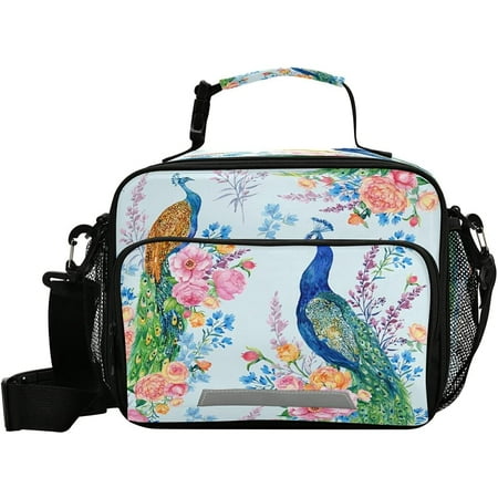 Student Lunch Bag Chic Romantic Blue Peacock Pink Flower Insulated ...
