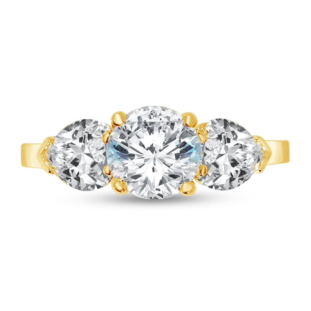 Solid 14k Yellow Gold Round Cut Three Stone Solitaire Engagement Ring CZ Cubic Zirconia (2.0cttw ...