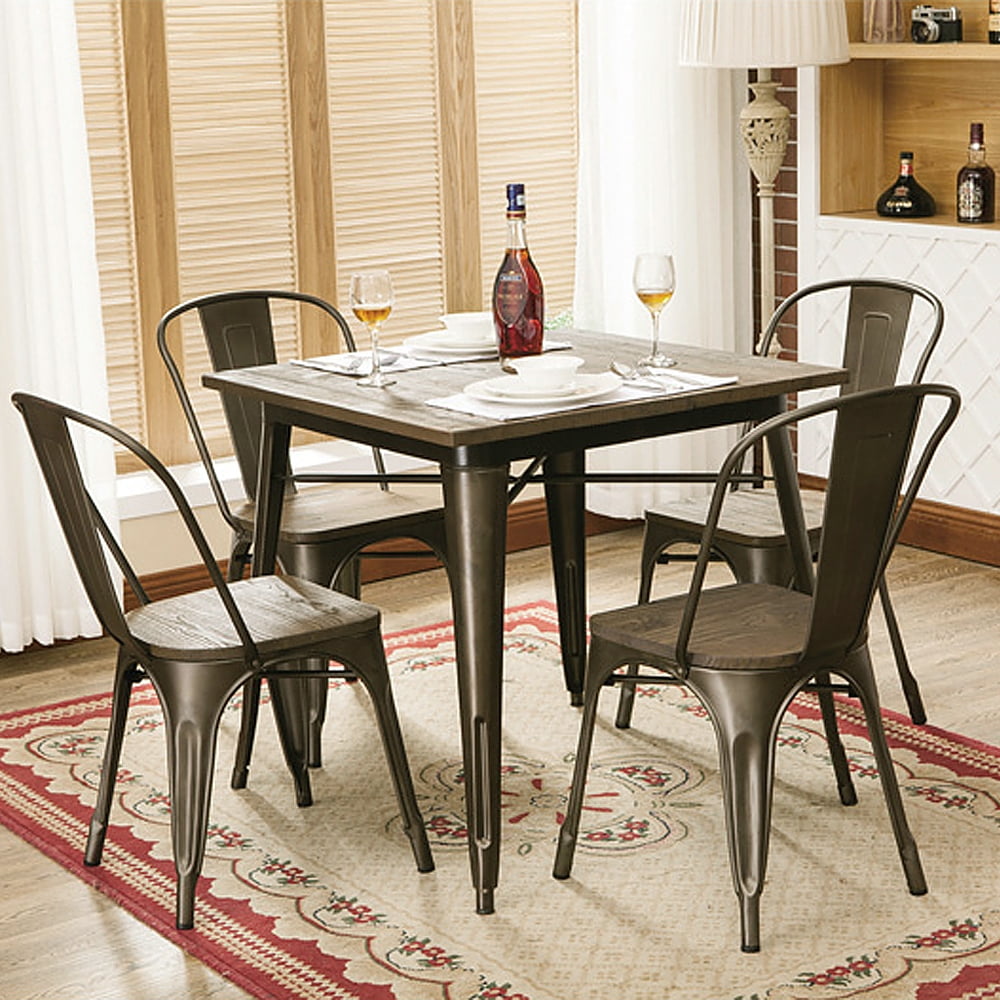 Alden Design Metal Stackable Dining Chairs with Wooden Seat Set of 4 Gunmetal Gray
