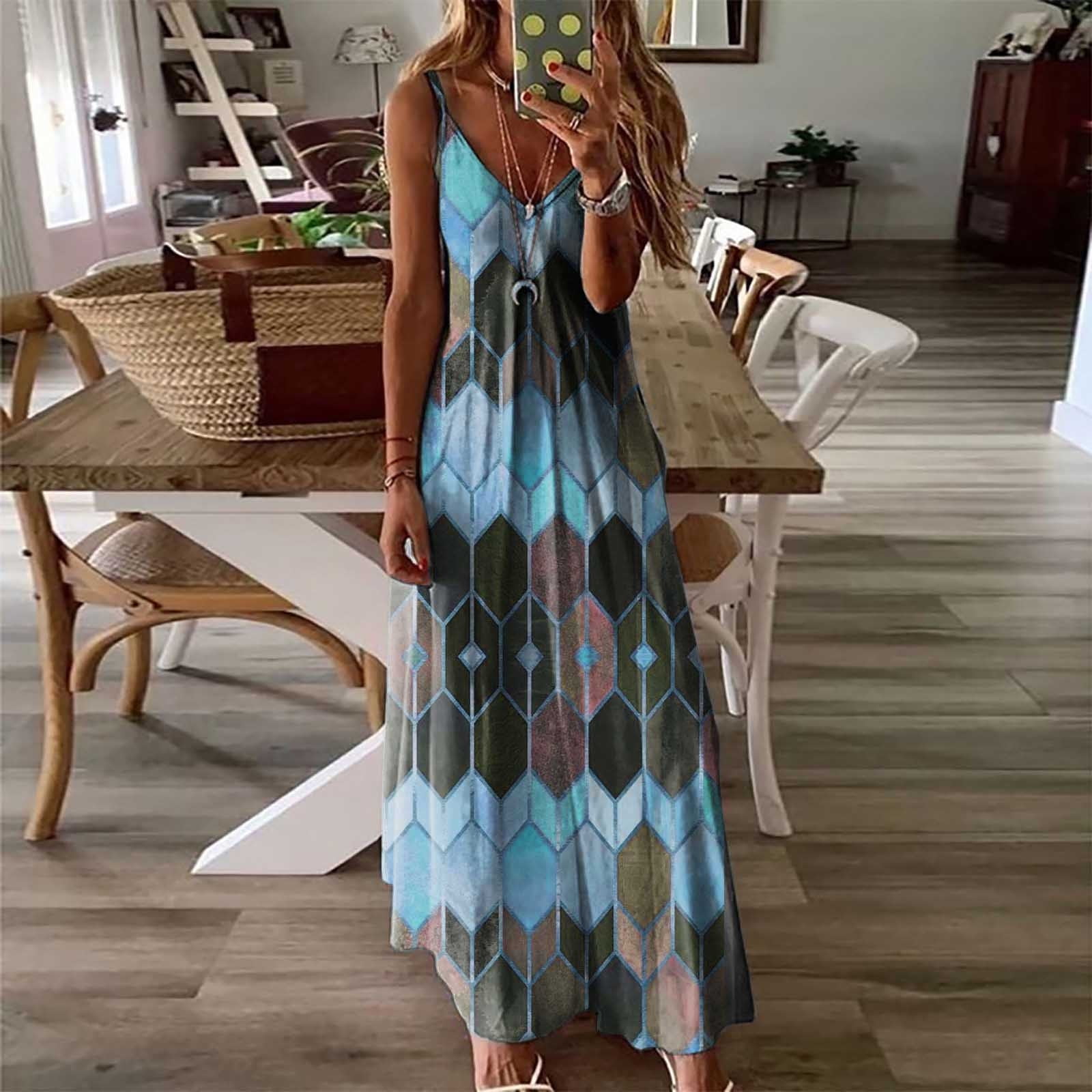 Plus Size Women Fashion Casual Sleeveless Camisole V Neck Print Tank Long Dress