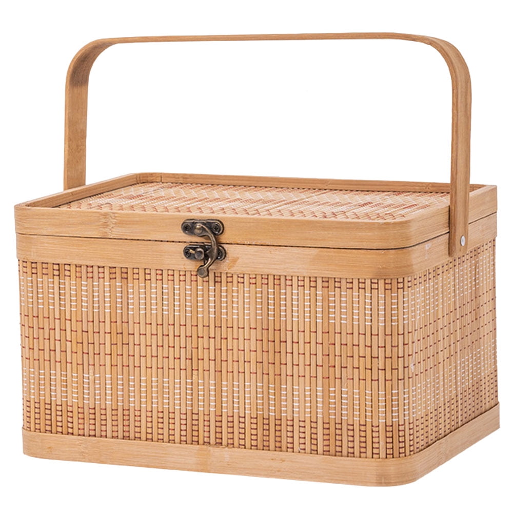 NUOLUX Handheld Woven Basket Lidded Bamboo Basket Woven Storage Basket ...