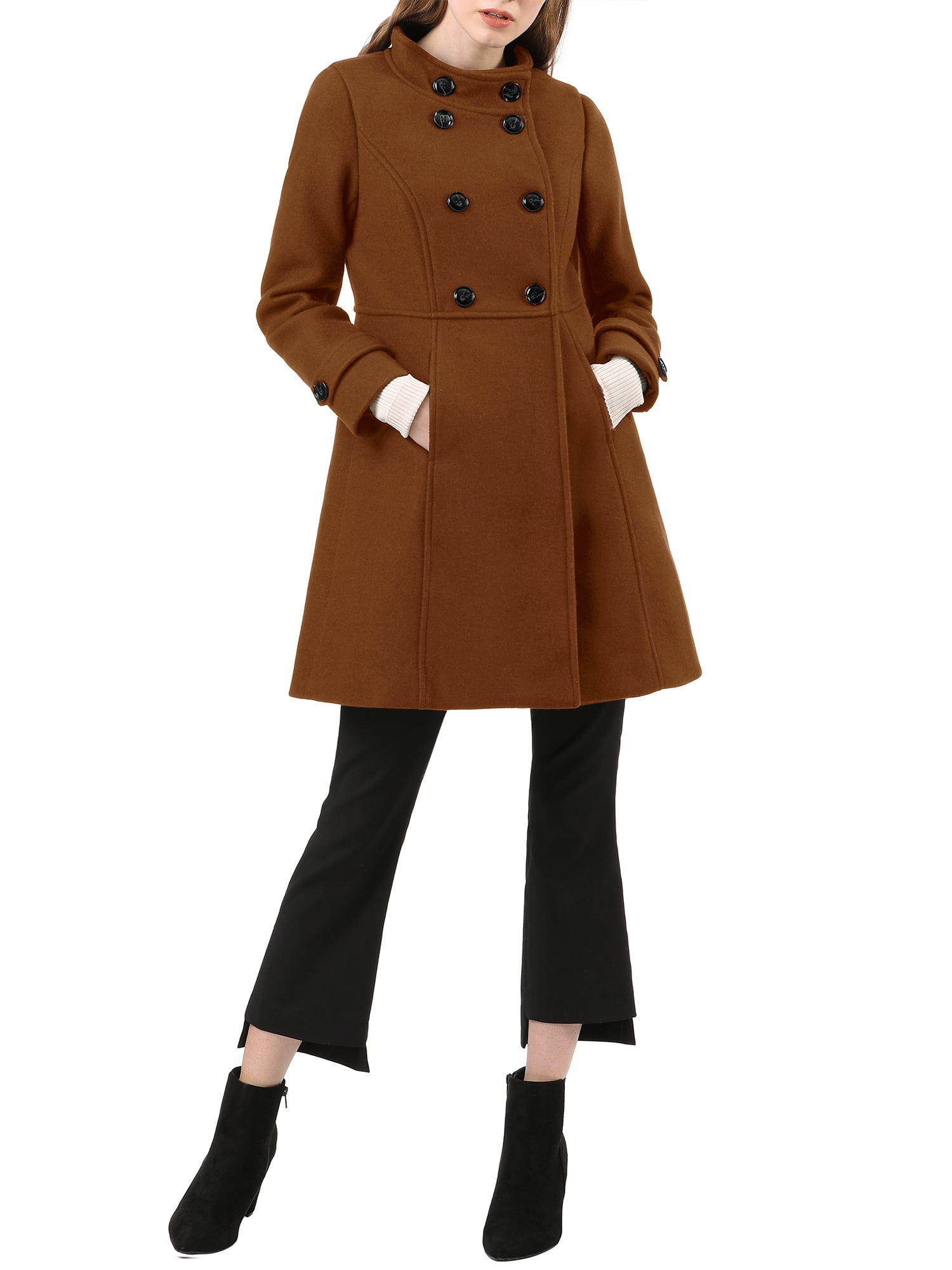 Unique Bargains Womens Winter Stand Collar Slant Pockets Double