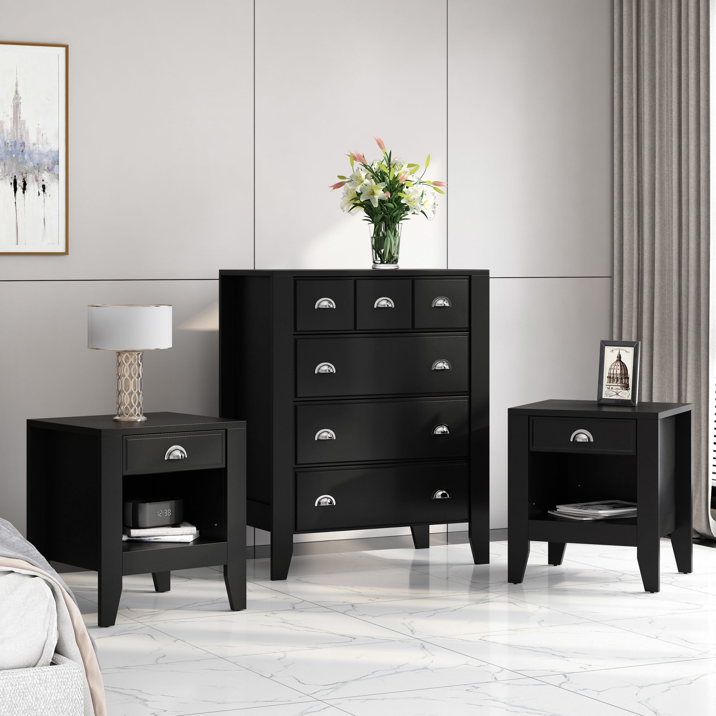 Noble House Bellic Faux Wood 3 Piece Dresser and Nightstand Bedroom Set ...