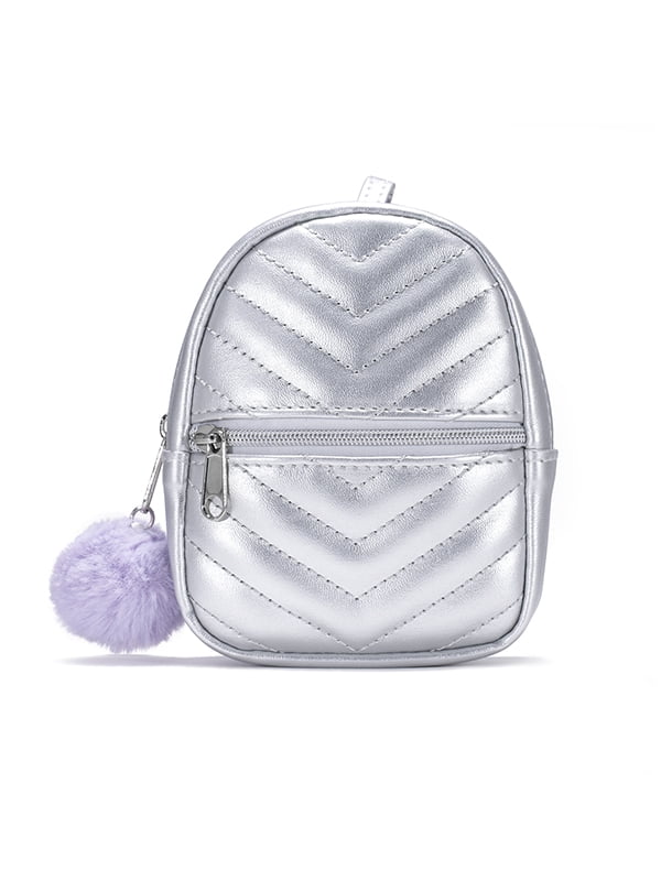 Claire's Girls’ Quilted Silver Backpack Keyring with Purple Pom ...