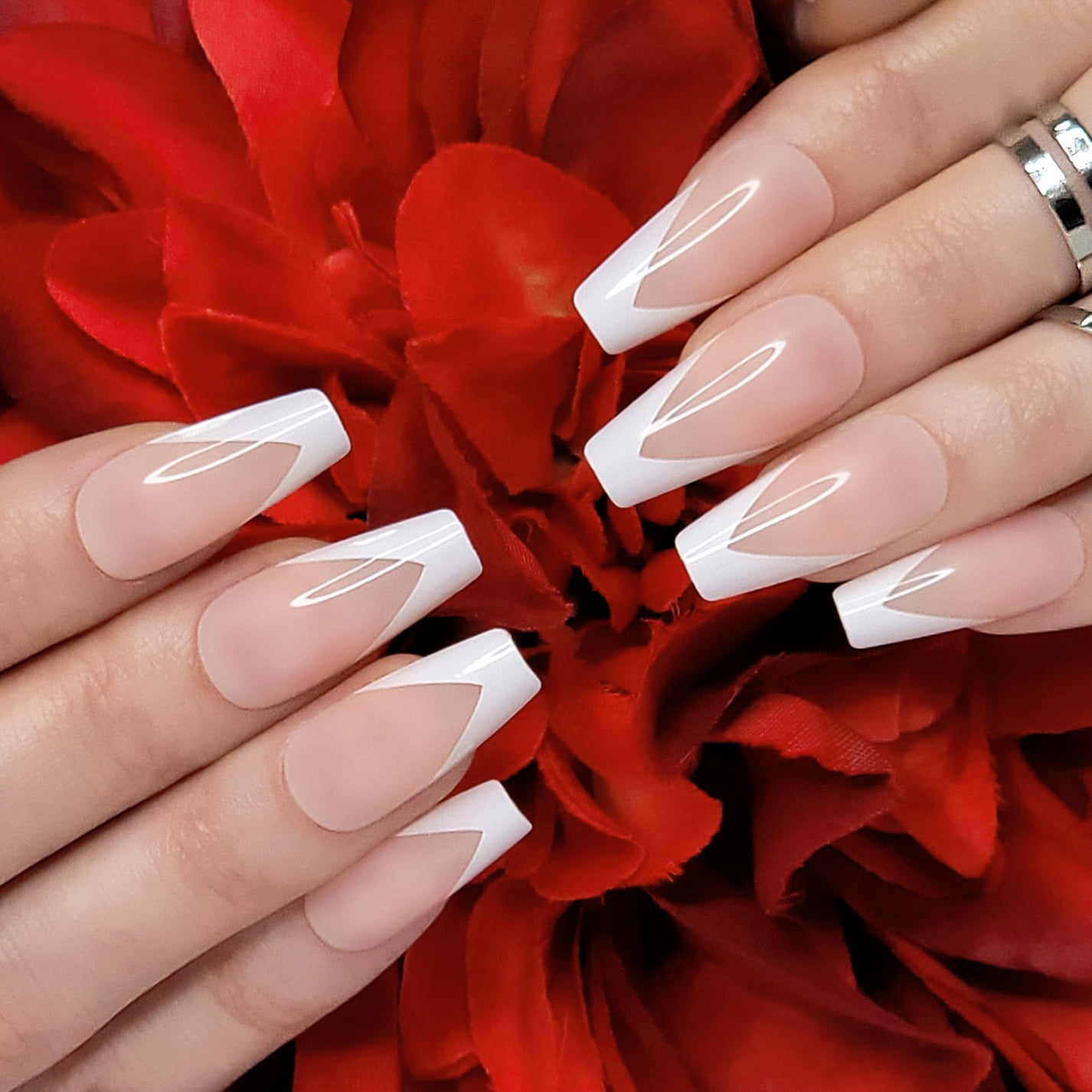 Hypnaughty 24 Pcs Modern French Coffin Press On Nails with Design and Glue Long and Extra Long Fake Nails Nude and White French Nails Full Cover