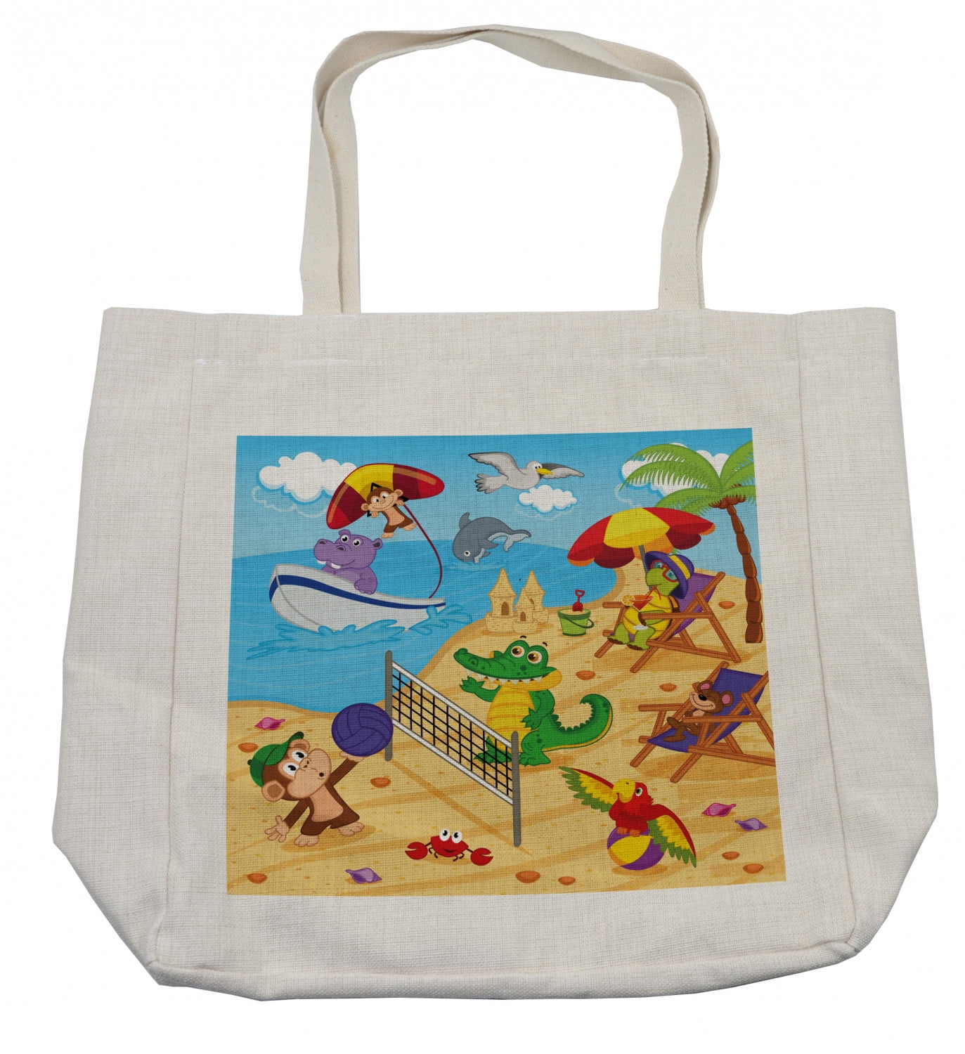 Animal Shopping Bag, Cartoon Animals Playing on Beach Monkey Hippo ...
