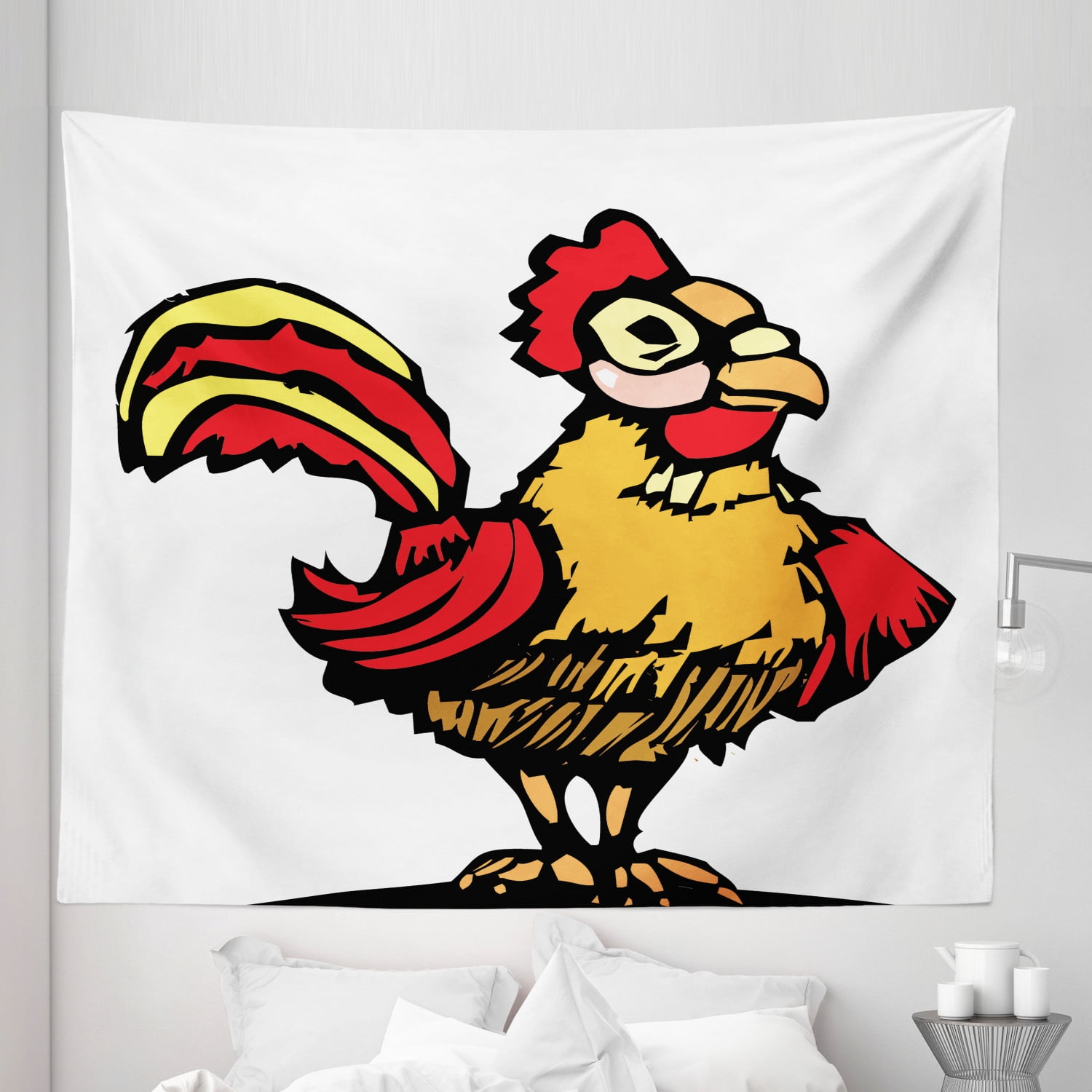 Rooster Tapestry, Retro Style Cartoon Illustration of Farm Animal ...