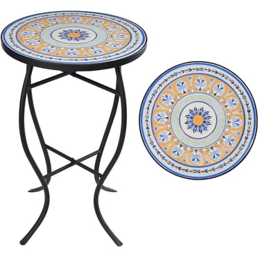 "Outdoor Round Mosaic Table, 21""H & 14""Dia, Patio & Indoor Accent ...