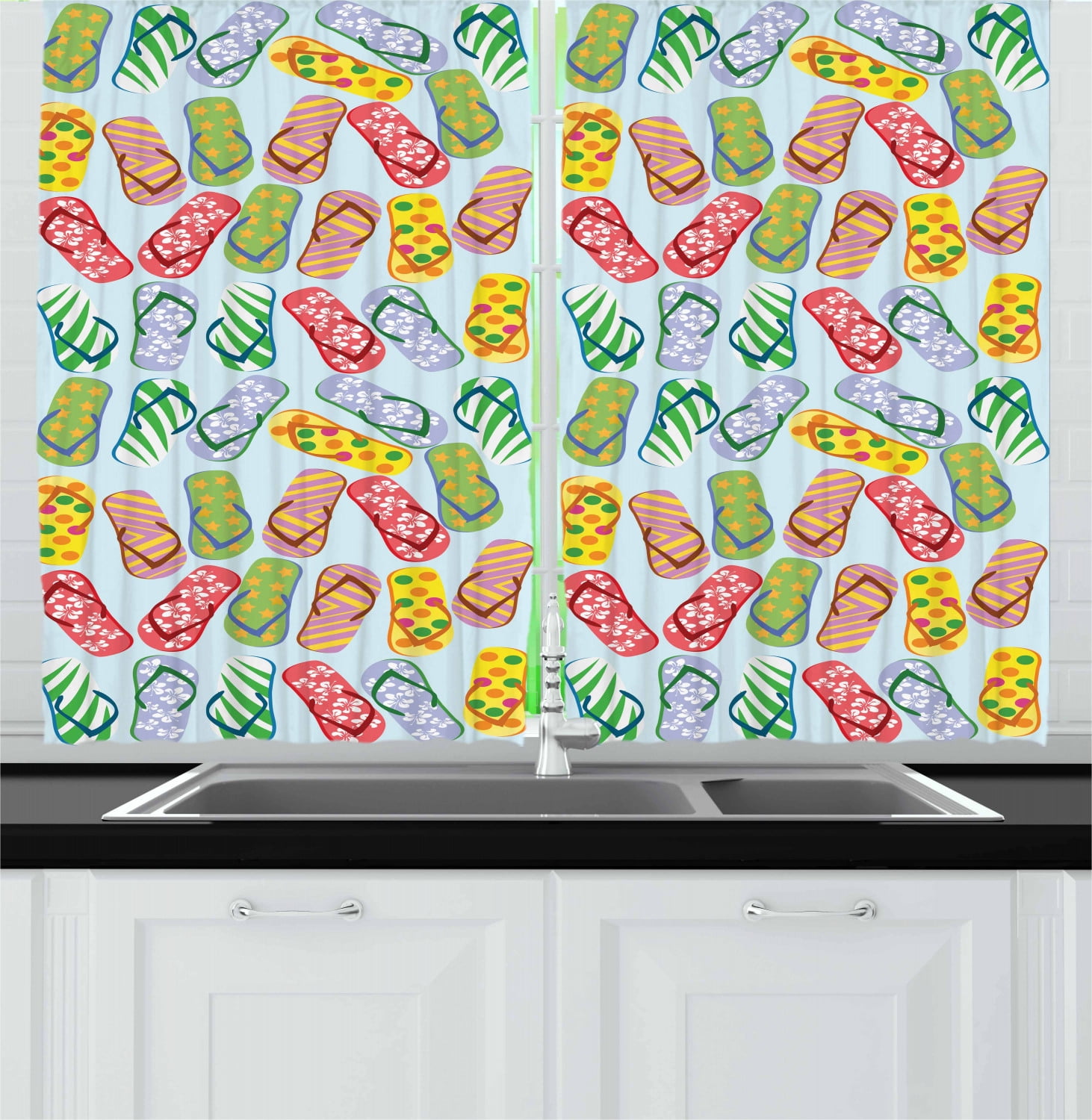 Flip Flop Curtains 2 Panels Set, Stylized Slippers with Hibiscus ...