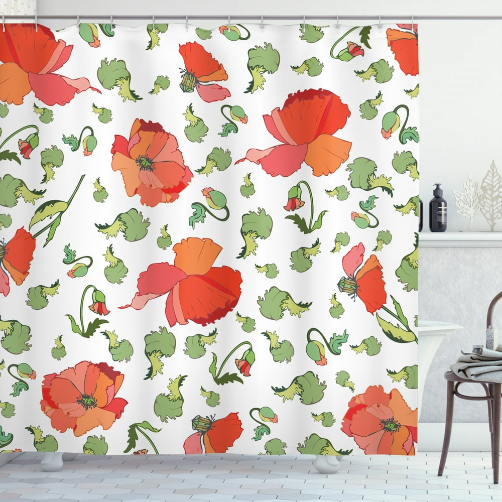 Poppy Shower Curtain, Blooming Poppies Buds and Green Leaves Scattered ...
