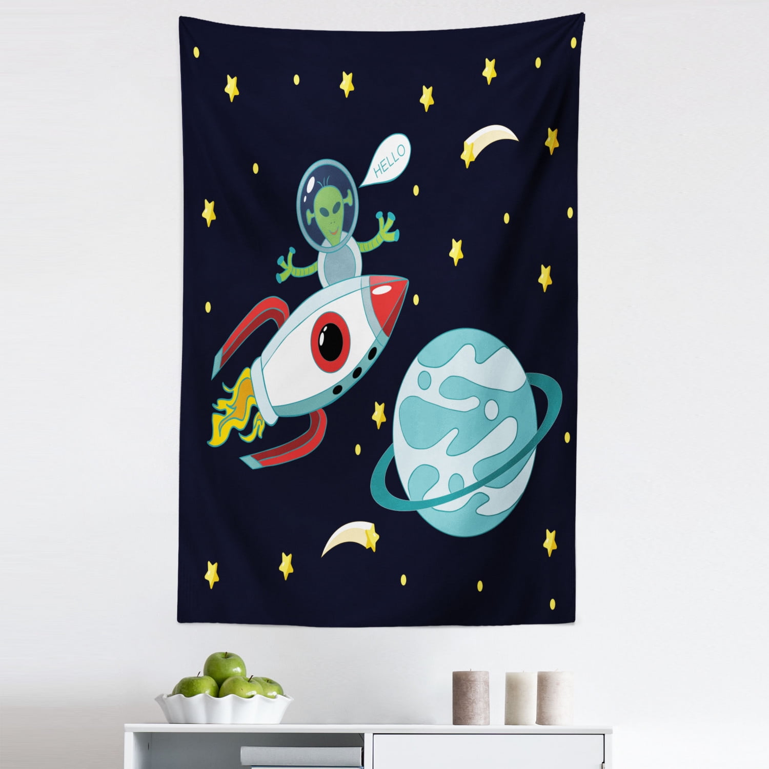 Alien Tapestry, Extraterrestrial Being with Hello Speech Balloon ...