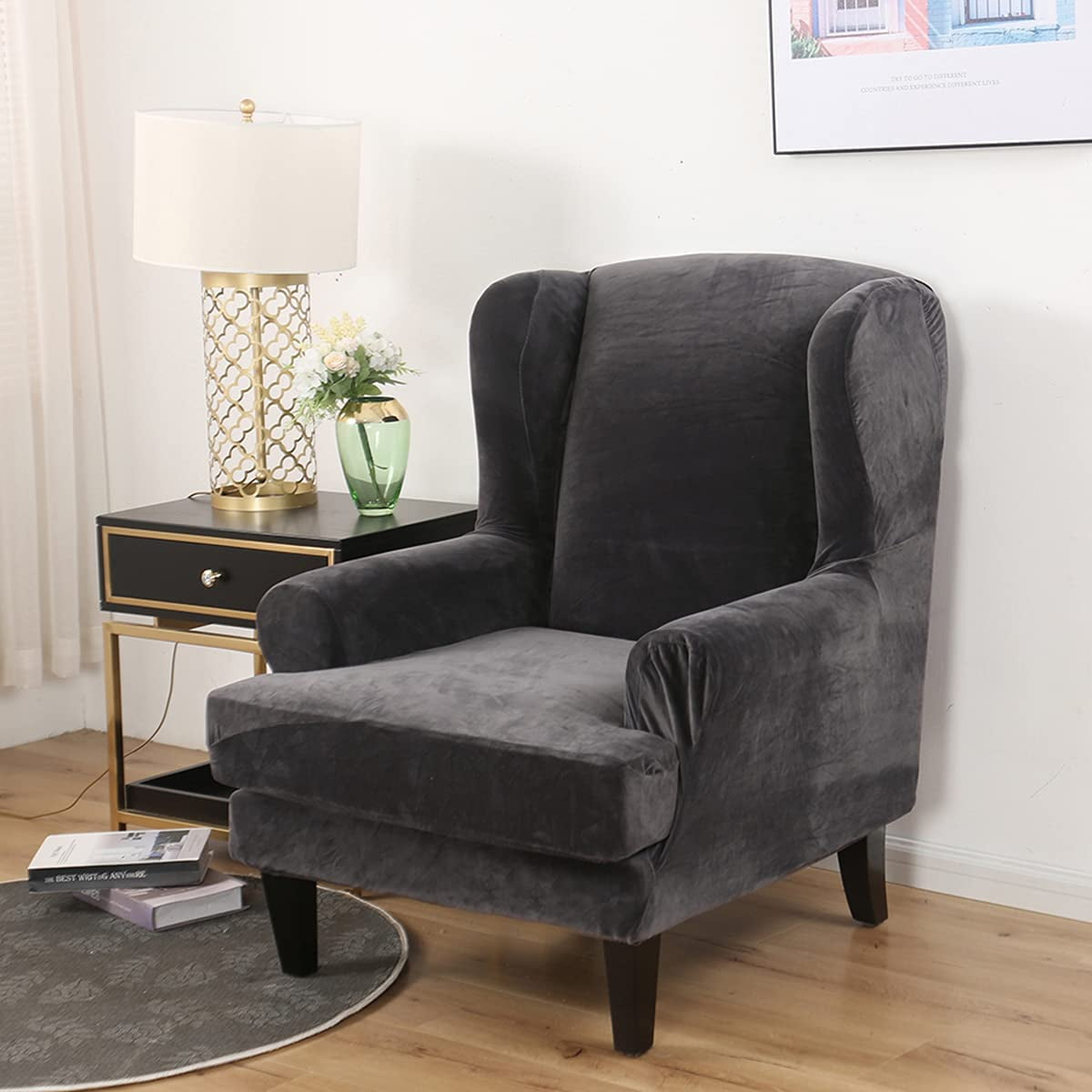 Shanna 2-Piece Wingback Chair Slipcover, Stretch Velvet Soft Wing Chair ...