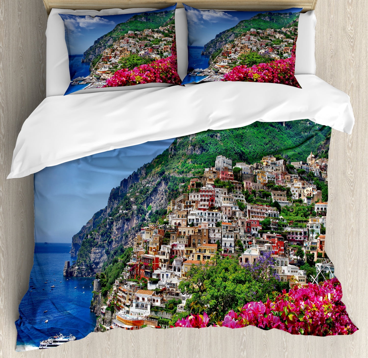 Italy Queen Size Duvet Cover Set, Scenic View of Positano Amalfi Naples ...