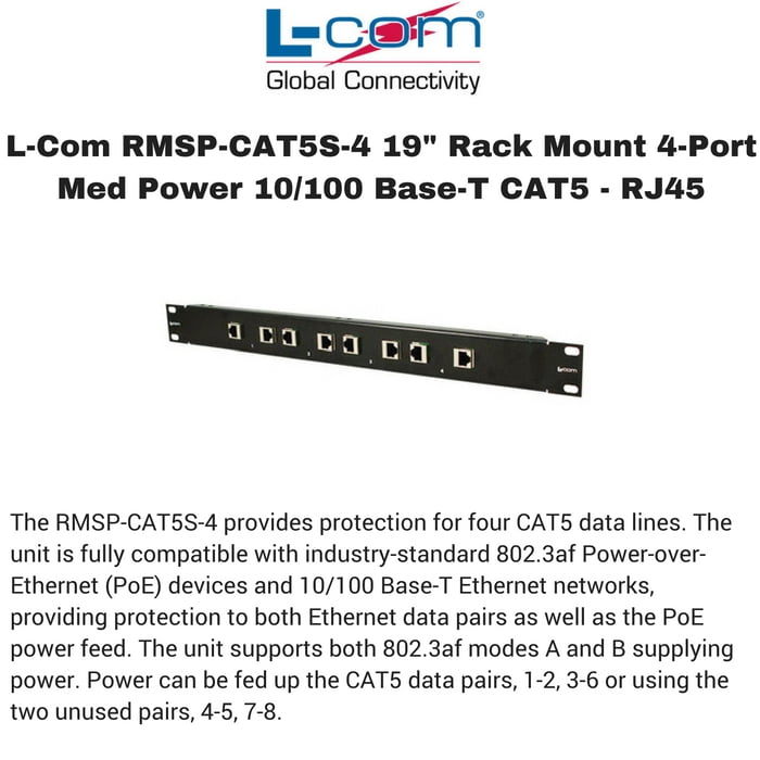 L-Com RMSP-CAT5S-4 19" RackMount 4-Port RJ45 10/100 Cat5 Lightning ...